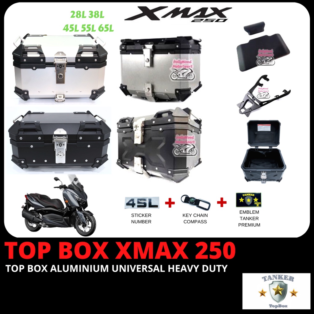 YAMAHA XMAX250 TOP BOX ALUMINIUM 28L / 38L / 45L / 55L / 65L PREMIUM X + MONORACK + BACKREST ...