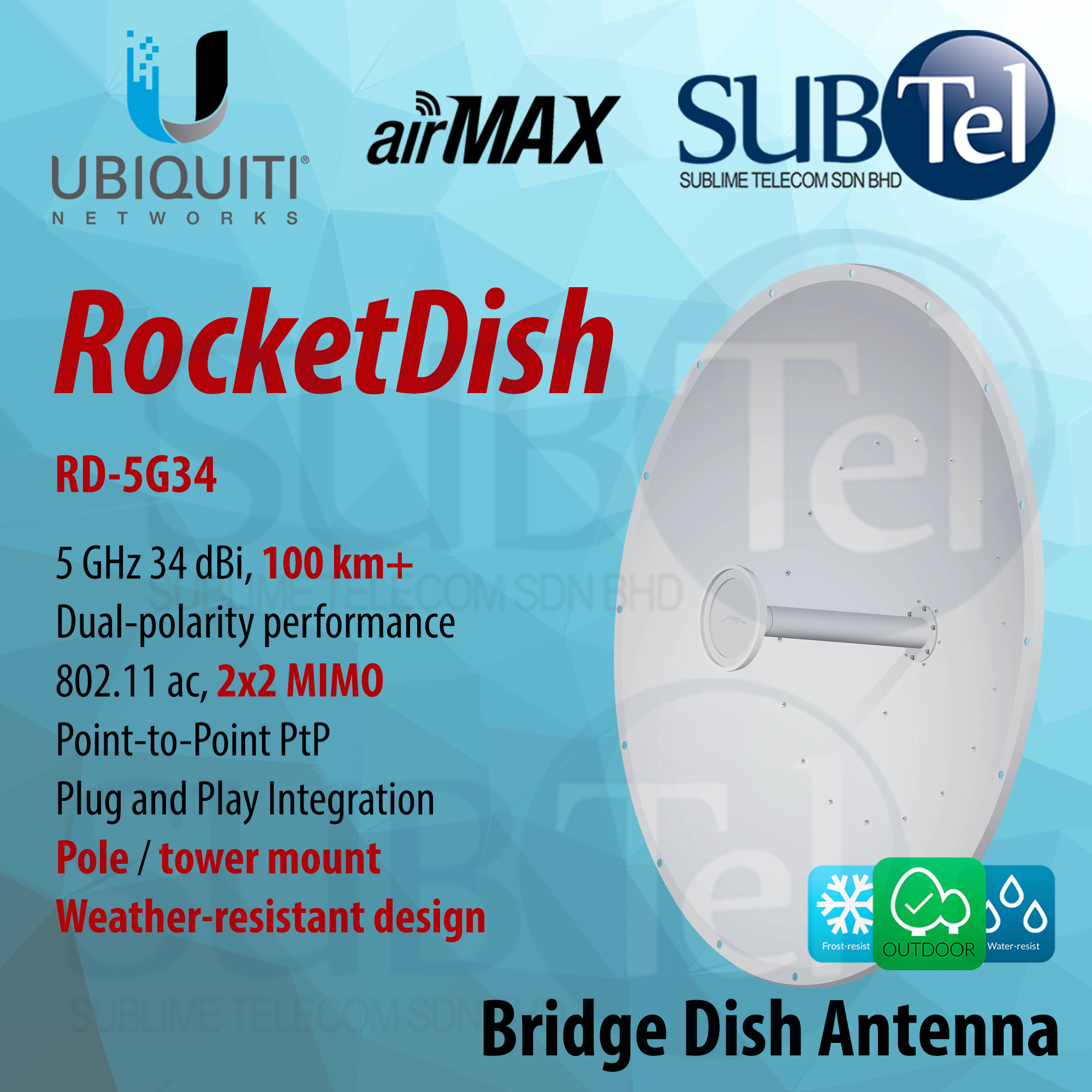 Ubiquiti RD-5G34 Networks RocketDish 5 GHz 34 dBi AirMax 2x2 MIMO WiFi ...