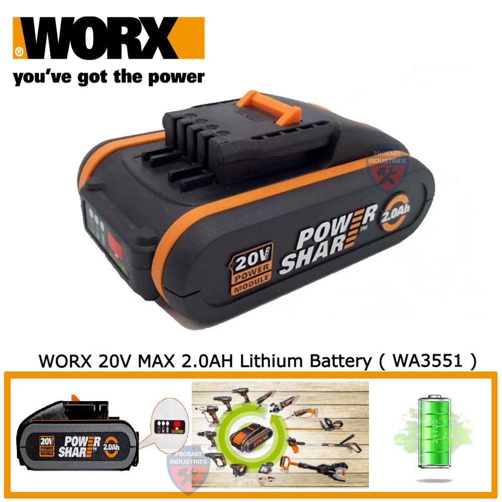 WORX WA3551.1 20V MAX 2.0AH Lithium POWERSHARE Battery ( WA3551 ...