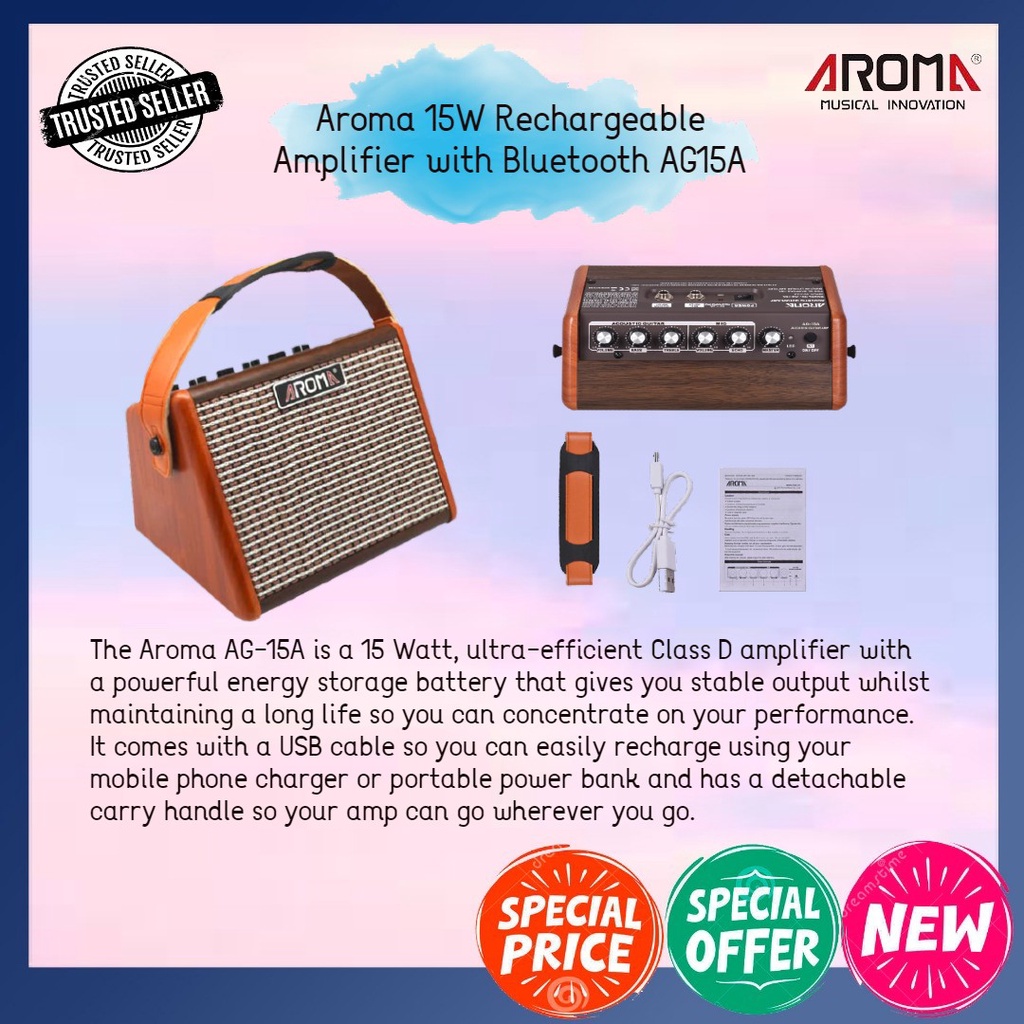 Aroma 15W Portable Rechargeable Acoustic Guitar Amplifier with Bluetooth and Mic In AG15A/AG-15A ...