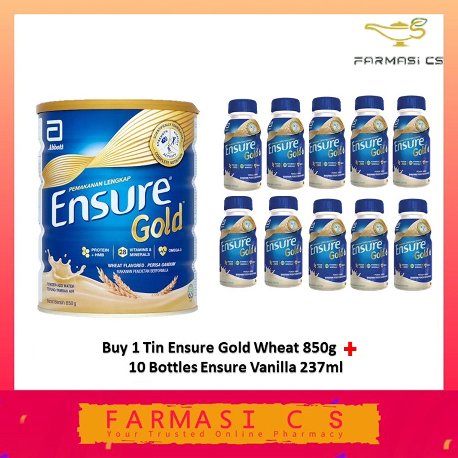 Abbott ensure gold wheat 850g exp:02/2022 + ensure gold vanilla 237ml x ...