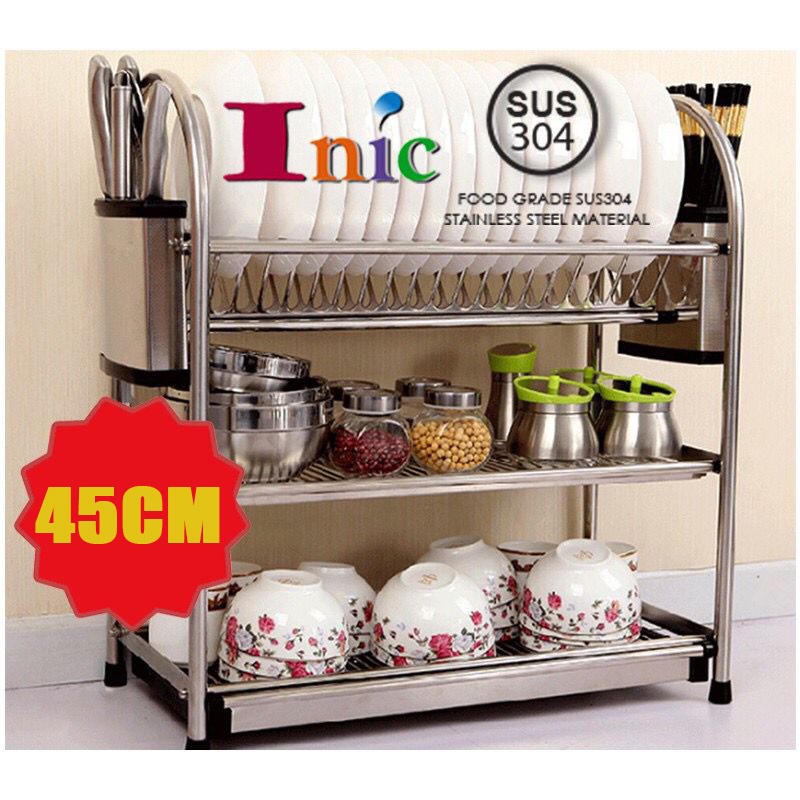 SUS 304 Stainless Steel 3 Tier Dish Rack With Double Utensil Holder ...