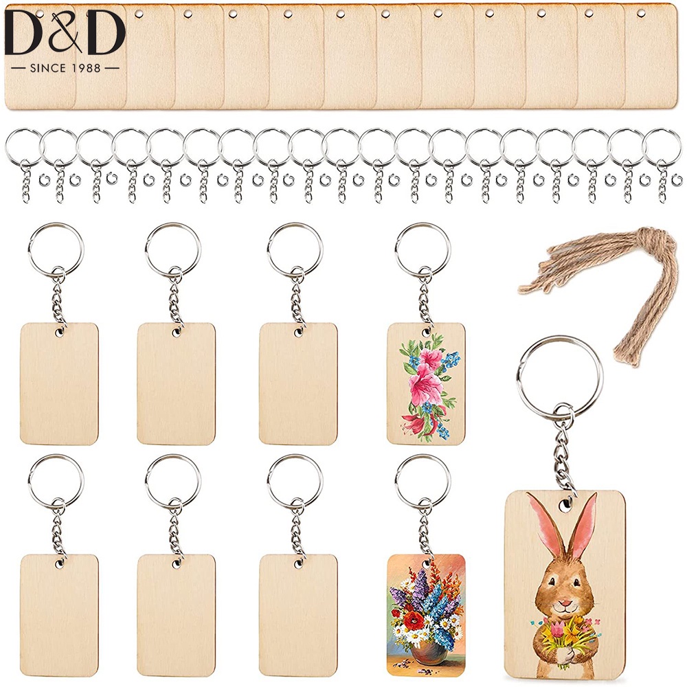 60pcs Blank Wooden Key Chains Rectangle Wood Key Chain Tags to Paint ...