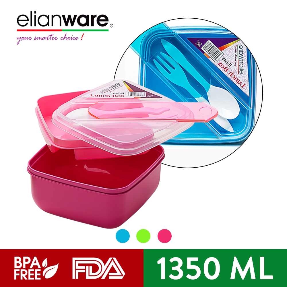 Elianware 3 Compartments Lunch Box Container With Fork & Spoon (1.35L ...