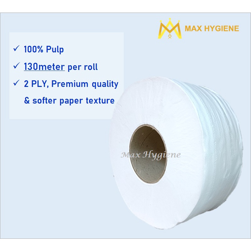 2 PLY Jumbo Roll Tissue Paper 100% Pulp JRT / 130 meter per roll (1Ctn ...