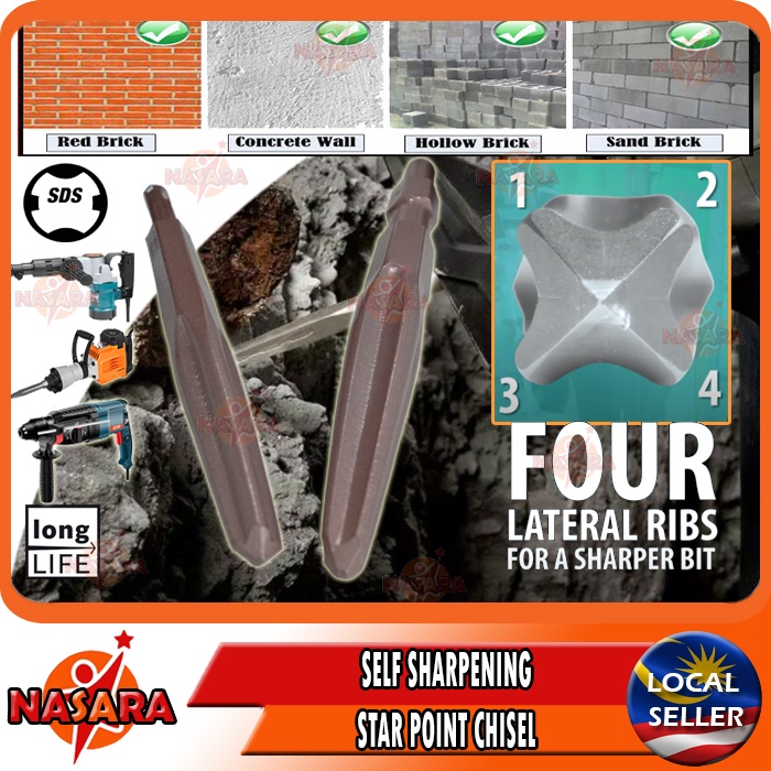 NASARA ~ SELF SHARPENING SDS HEX CHISEL SHANK STAR POINT DRILL BIT WALL ...