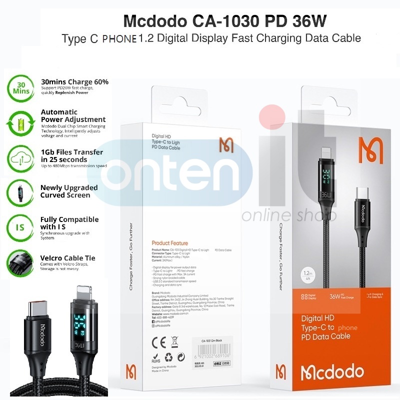 MCDODO CA-1030 Fast Charging PD 36W Data Cable Digital Display Type-C to iP Cable | Shopee Malaysia