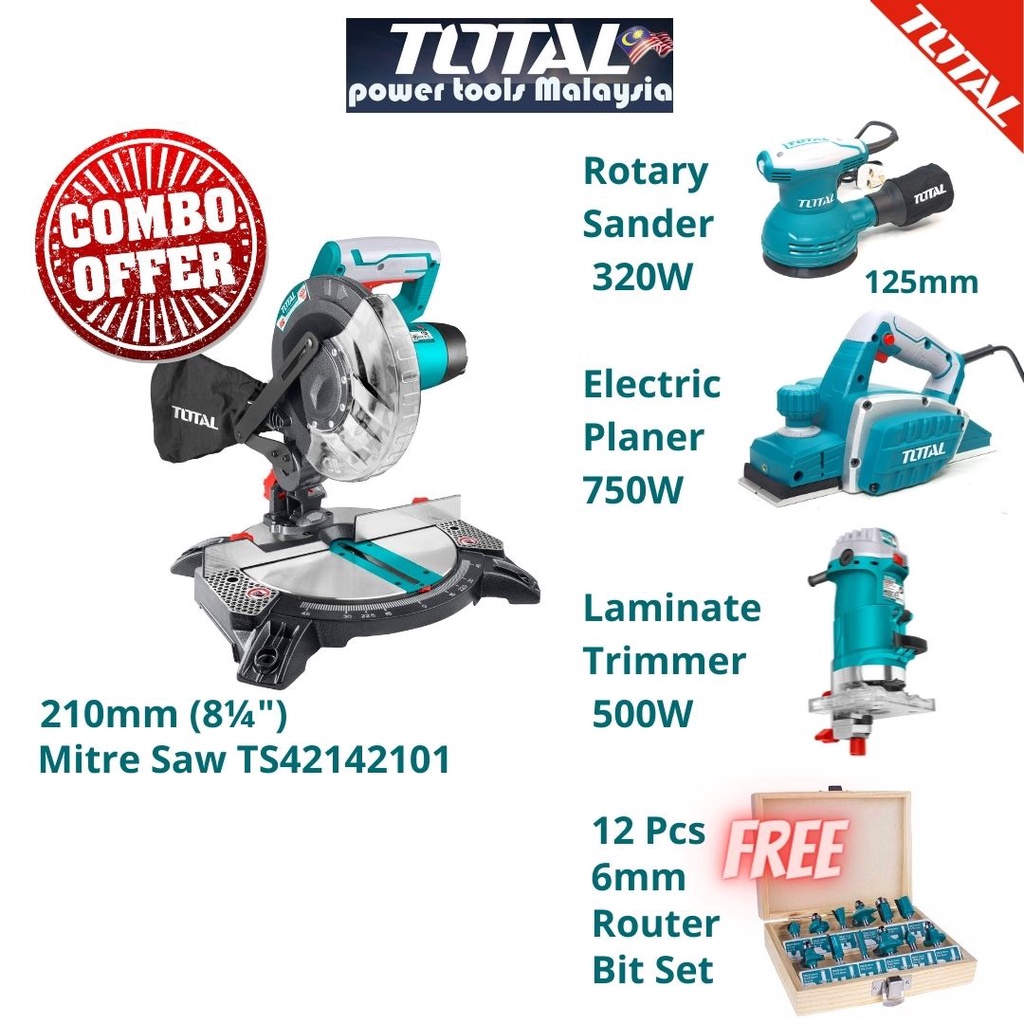 TOTAL Wood Work COMBO Set [ Mitre Saw + Rotary Sander + Wood Planer ...