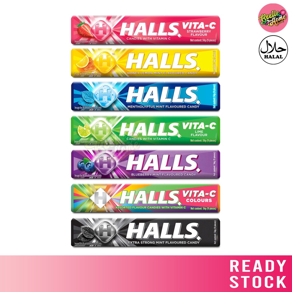 Halls Candy 34g Mentholyptus Honey Lemon Vita-C Strawberry Blueberry ...