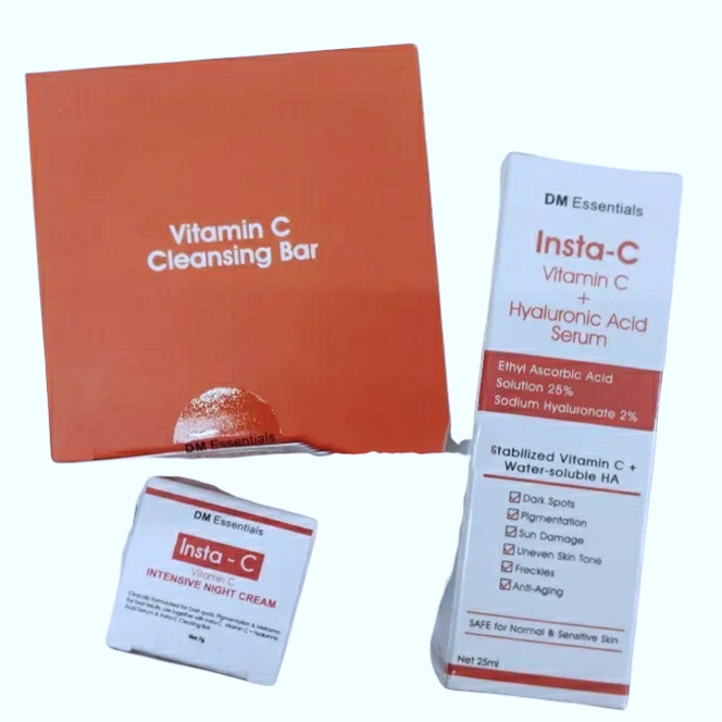 (FULL SET)DM Essentials INSTA-C (Cleansing bar 50g [02/23], Serum 25ml [04/23], Night cream 10g ...