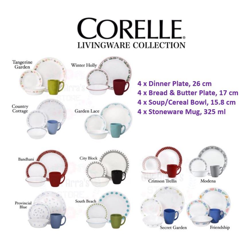 Corelle (4 person) Livingware Classic 16pcs / Set Pinggan Mangkuk Kaca ...