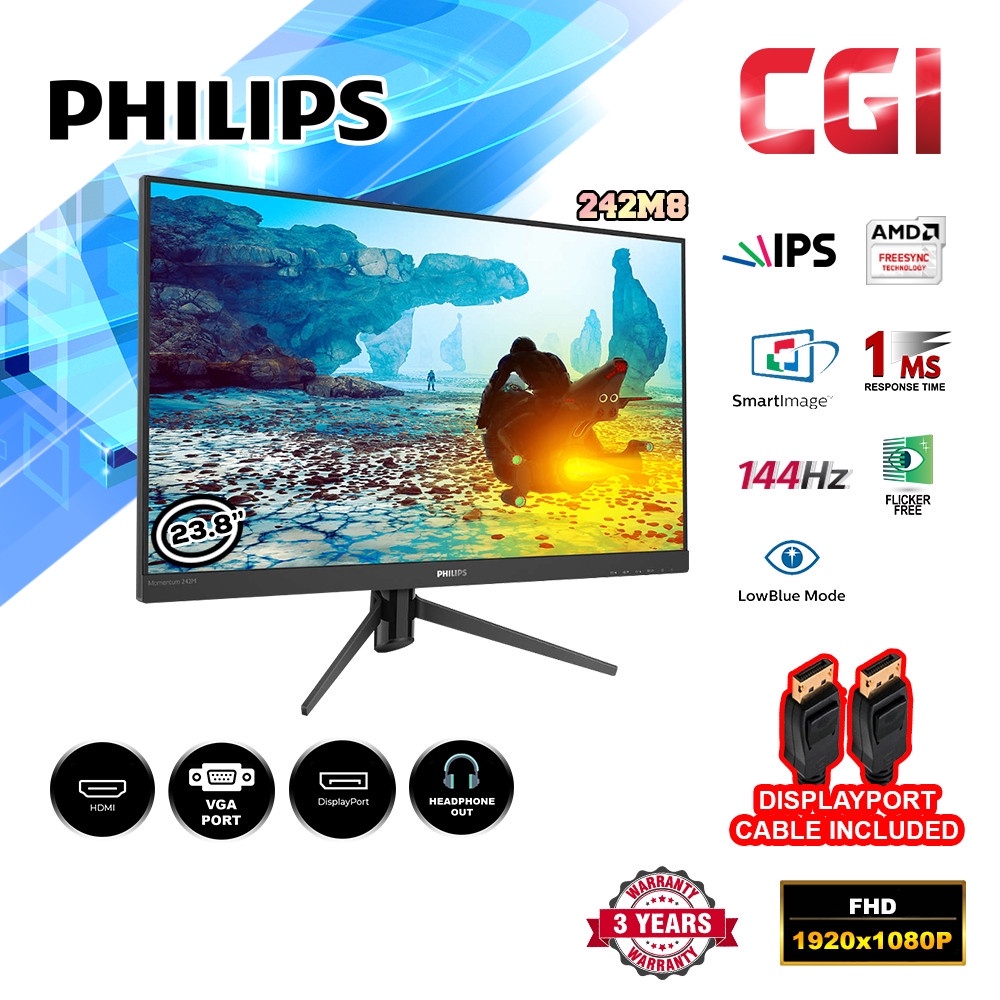 Philips led monitor 242m8 23.8 fhd ips 144hz 1ms freesync gaming ...