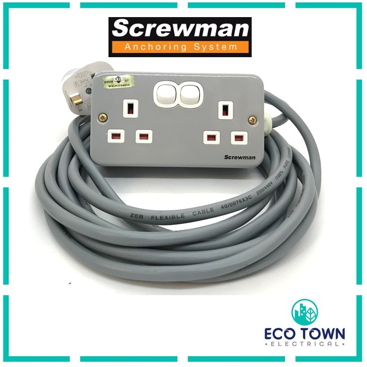 Screwman 13A Heavy Duty Metal Clad Double Extension Trailing Socket ...