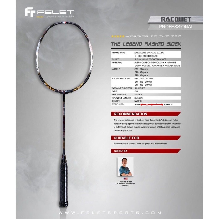 FELET The Legendary Rashid Sidek Badminton Racket Racquet 3U/4U Max ...