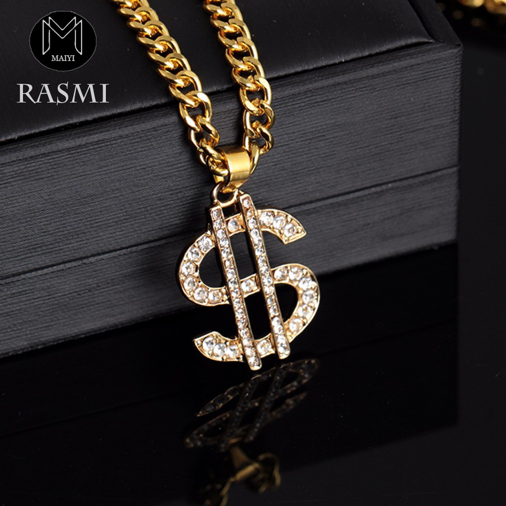 Mens Dazzling Dollar Sign Money Long Chain Pendant Necklace Hip Hop ...