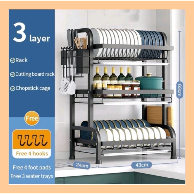 [Ready Stock] HICOOK 3 Tier Rak Pinggan Stainless Steel Dish Rack Dish ...