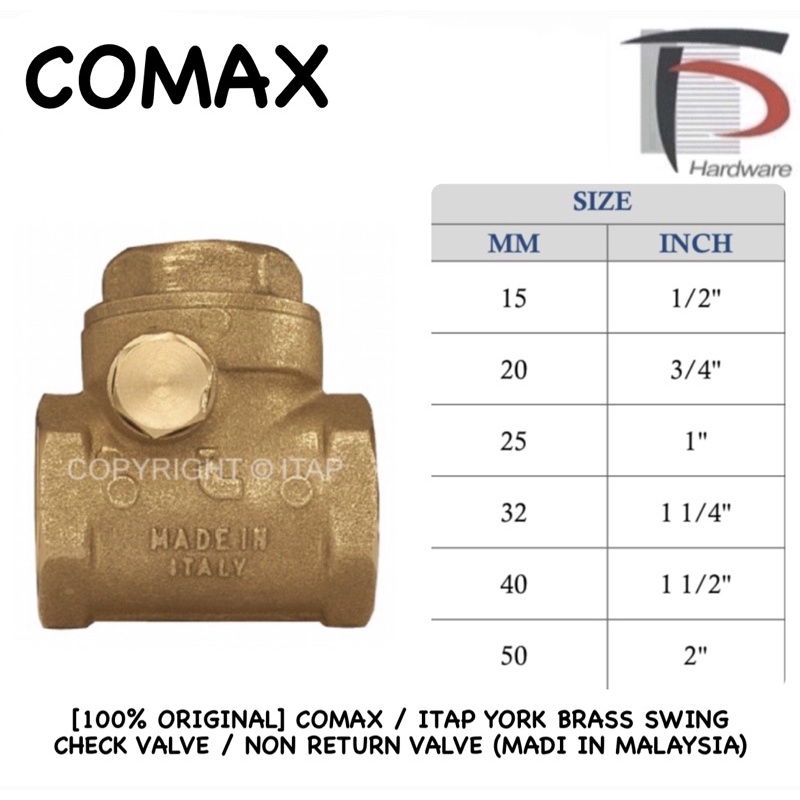 [100% ORIGINAL] COMAX / ITAP YORK BRASS SWING CHECK VALVE / NON RETURN ...