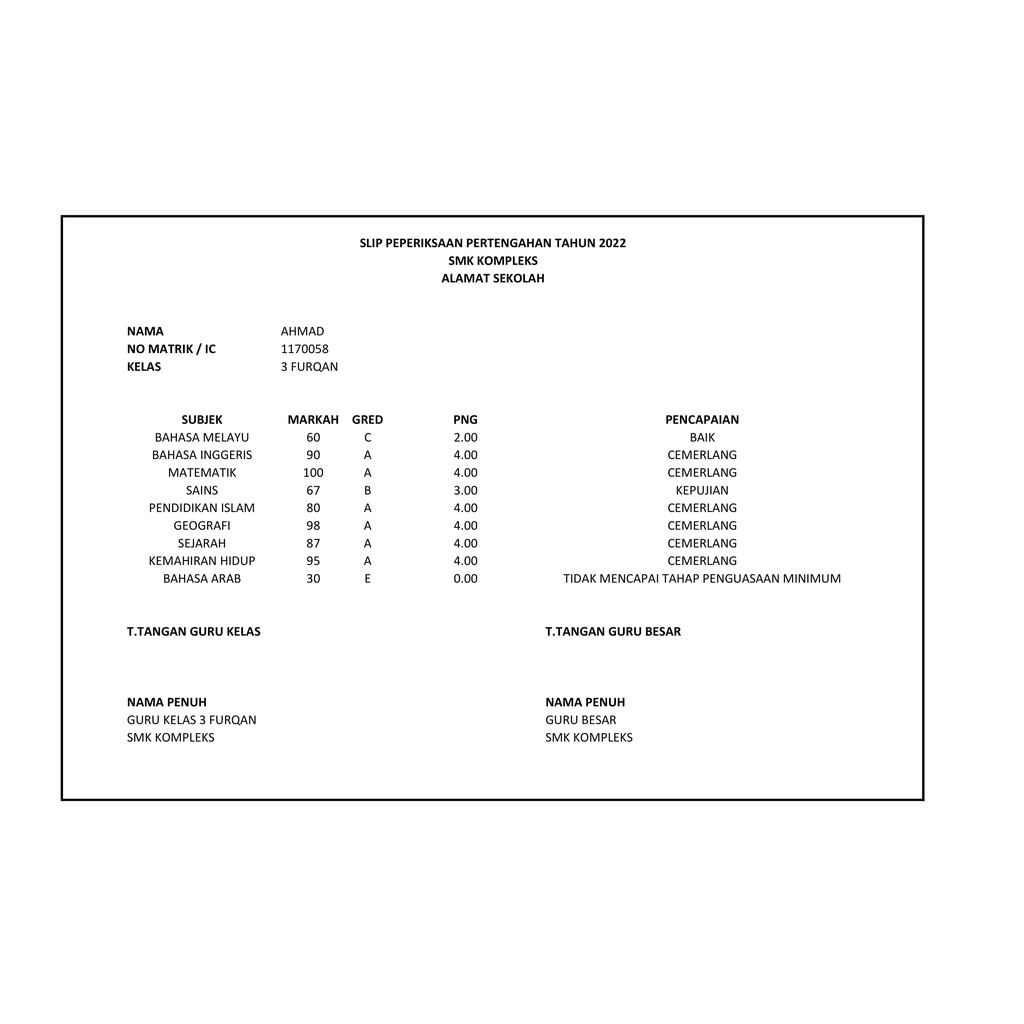 template rekod markah pelajar & slip peperiksaan sekolah rendah sekolah ...