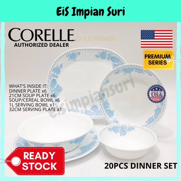 (Ready Stock!!) Corelle Hydrangea Gold Premier Series 20pcs Dinnerware ...