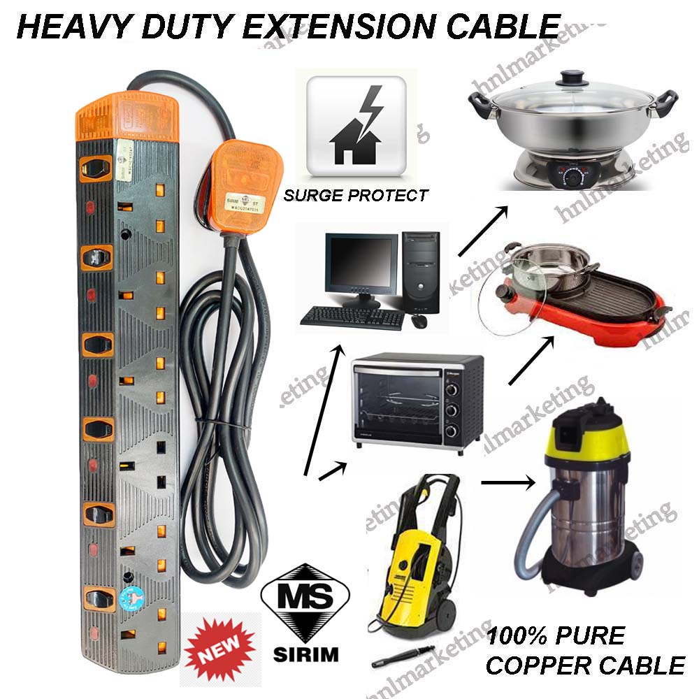 HEAVY DUTY 6 WAY TRAILING SOCKET EXTANSION CABLE with SURGE PROTECT 2M ...