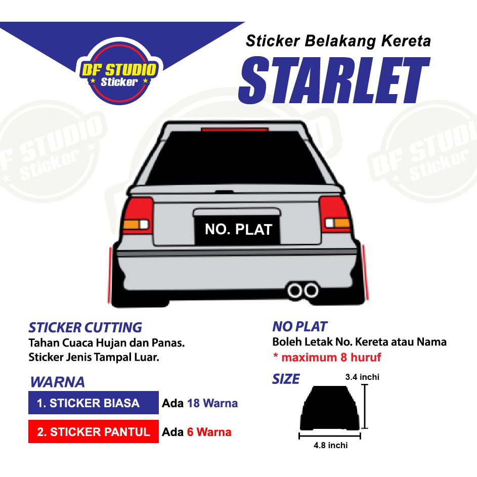 Sticker Belakang Kereta Toyota Starlet, 1 Pcs, Boleh Tukar Warna Dan No ...