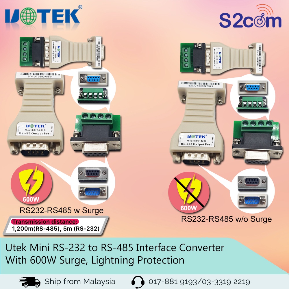 Utek Mini RS-232 to RS-485 Interface Converter With 600W Surge ...