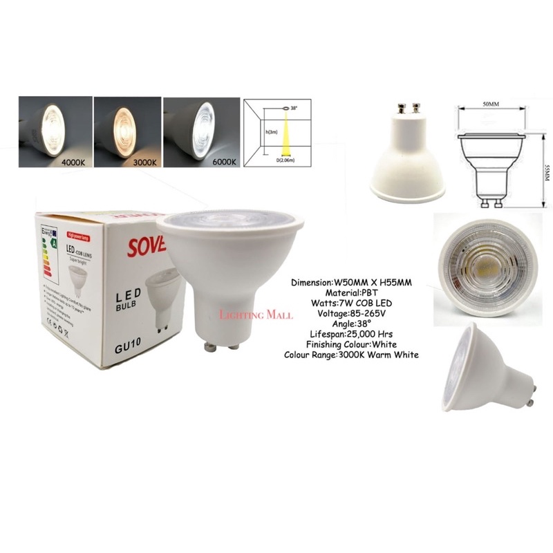 SOVER/IMITOS GU10 7WATT COB 3000K LED BULB HIGH BRIGHTNESS FOR EYE BALL ...