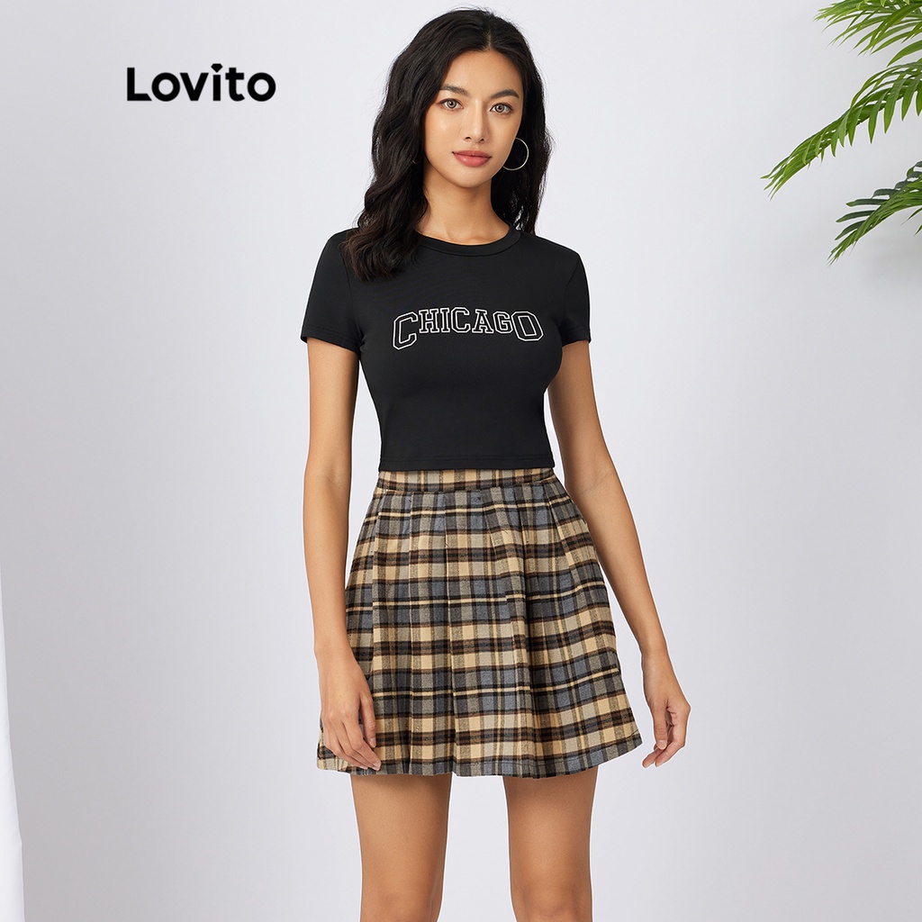 Lovito Preppy Plaid Pleated Letter Skirt Sets L21as109 Multi Color