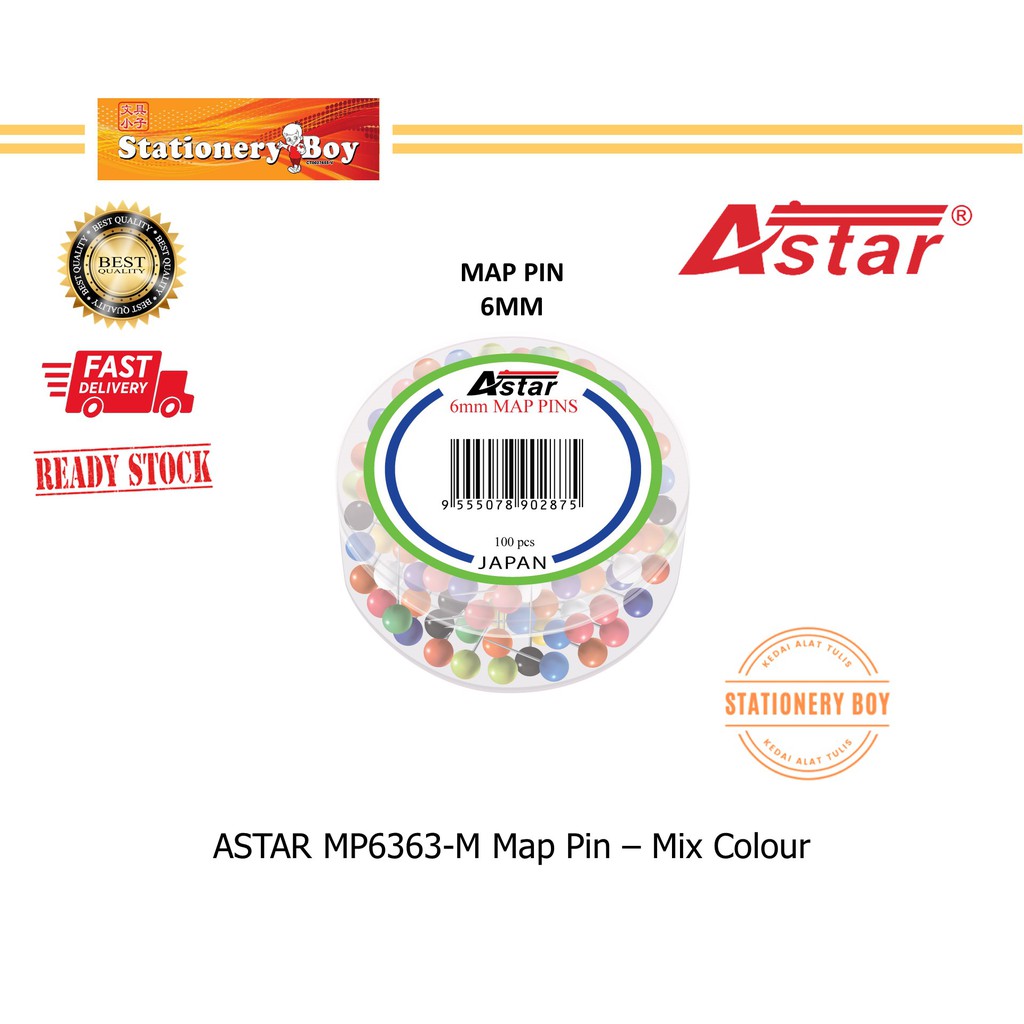 Astar Mp6363 Map Pin Push Pin Paku Tekan Paku Payung 6mm Mix Colour 100s Shopee