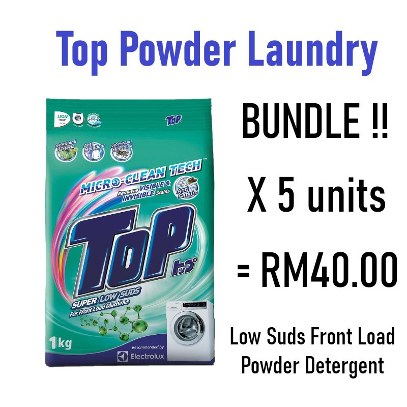 Top Super Low Suds Powder Laundry 5KG ( 1kg x 5 packs Bundle ) Low Suds ...
