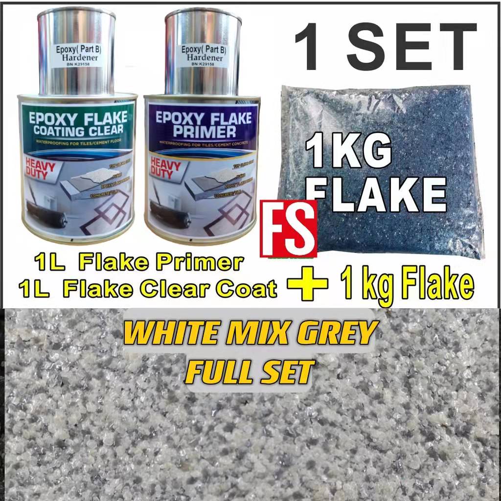 ( WHITE M. GREY) Full Set Epoxy Colour Flake Coating ( 1KG FLAKE / 1L ...