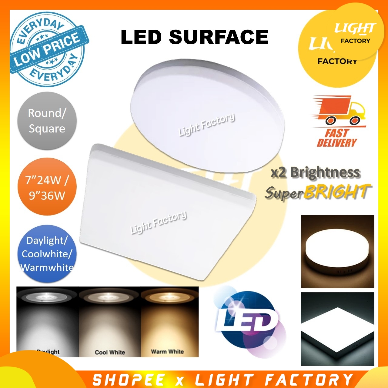 [3 YEARS WARRANTY] LED Round/Square Surface Downlight 24W 36W Surface ...
