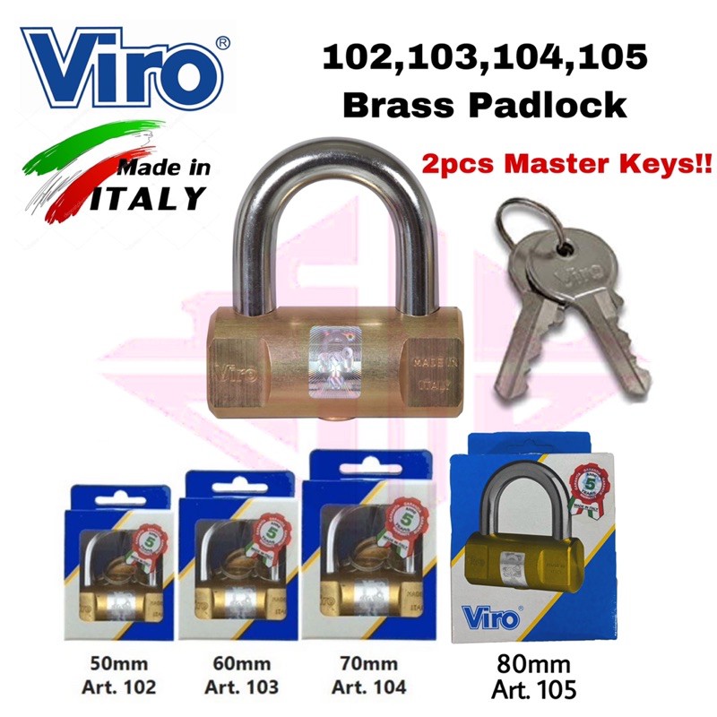 VIRO 102 50mm 103 60mm 104 70mm 105 80mm Brass Padlock Made in Italy ...