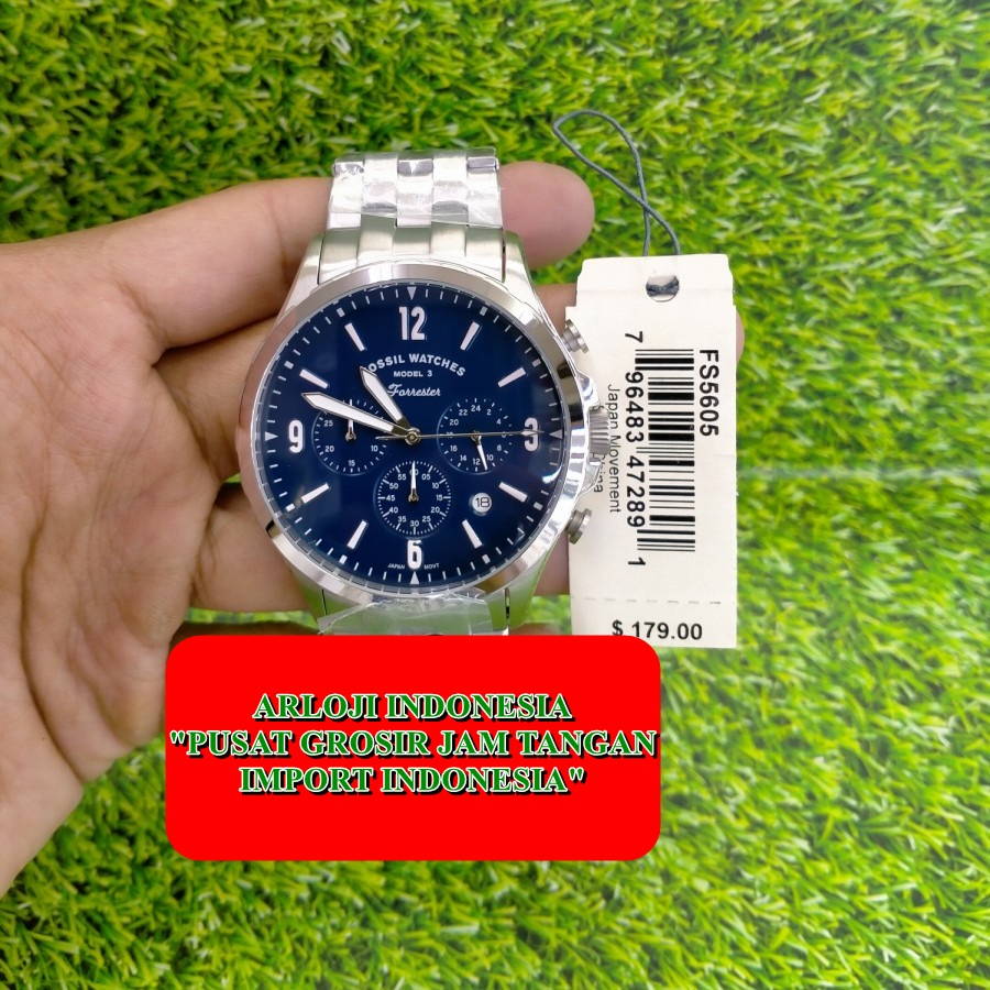 Fossil Clock Forrester FS5605 - FS 5605 Chronograph Stainless Men Blue ...