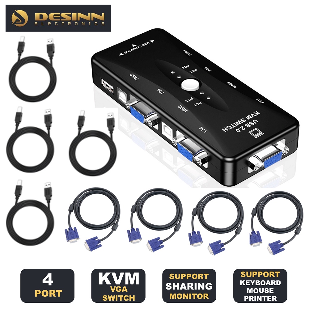 4 Port VGA KVM Switch Selector Share Monitor USB Hub Support Keyboard Mouse Printer and Push ...