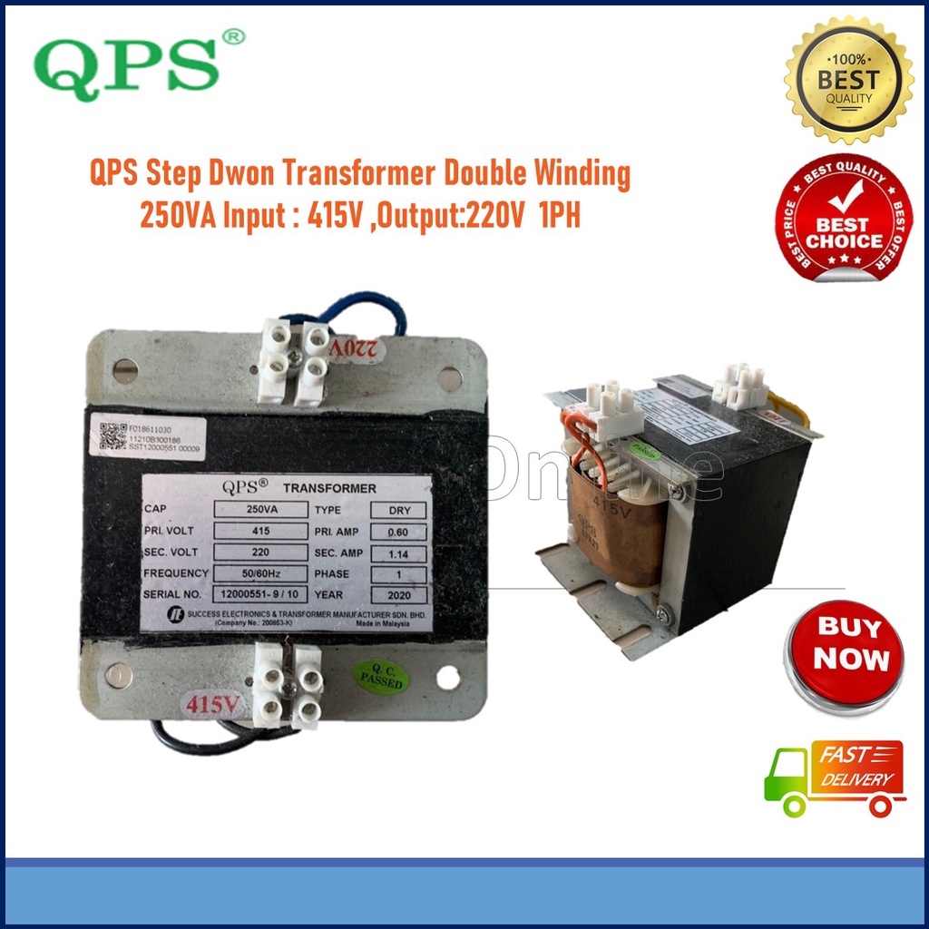 QPS Step Down Transformer Double Winding 1Phase 250VA Input 415V Output 220V (1.14A) | Shopee ...
