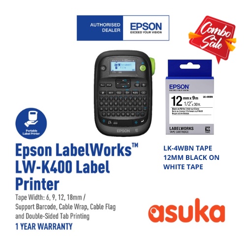 Epson LW-K400 Labelwork Printer+Epson LK-4WBN Label/works Tape - 12mm Black on White Tape ...