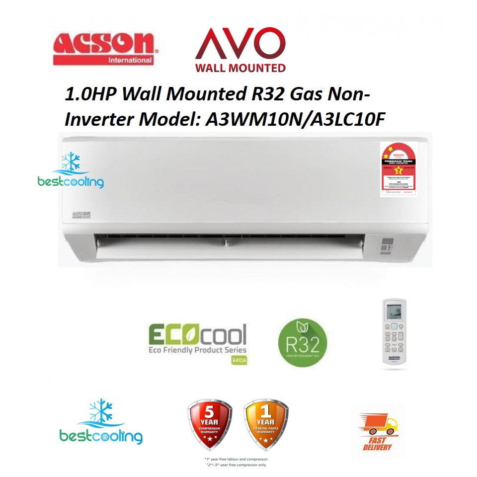 Acson 1.0HP~(A3WM10N/A3LC10F) wall type air con R32 Gas Non-Inverter ...