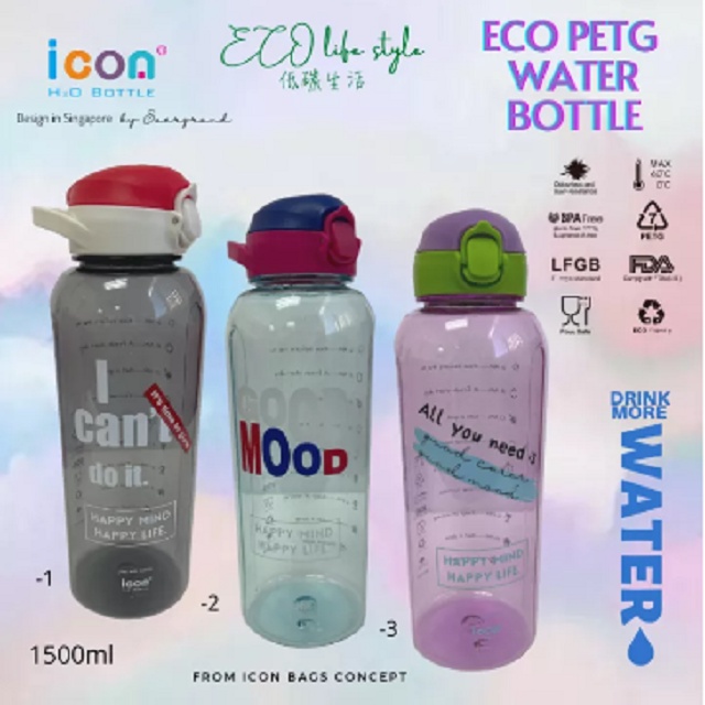 ICON Water Bottle BPA Free Push-Button Flip Top Lid easy to drink Time ...