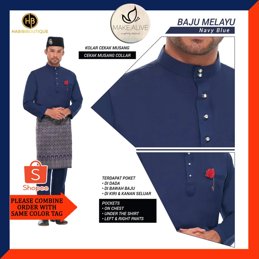 BAJU RAYA [S M L XL 2XL 3XL 4XL 5XL] BIRU NAVY BLUE Baju Melayu AL ...