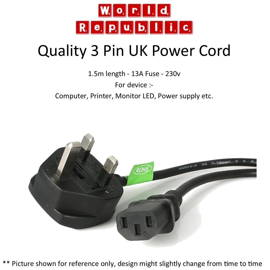 Quality 3 Pin UK Power Cord - 230v, 13A Fuse,1.5m - for Desktop PC ...