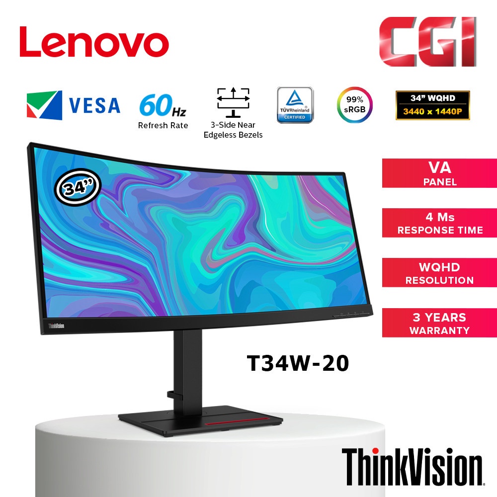 Lenovo ThinkVision 34" T34w-20 4ms 60Hz VA Type-C Curved Monitor ...