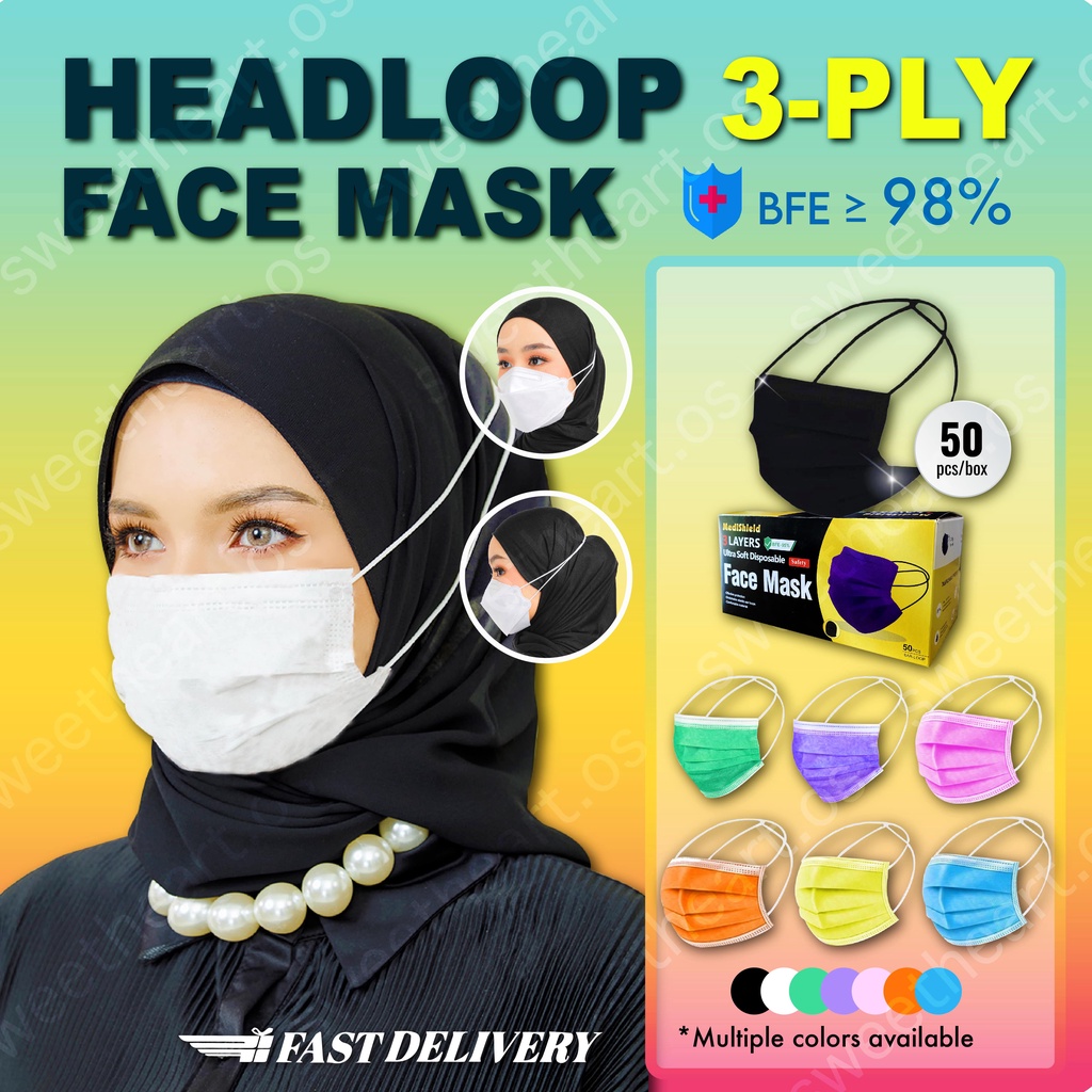 50pcs Mask Headloop Mask HIjab Face mask headloop Mask hitam Mask 3ply ...
