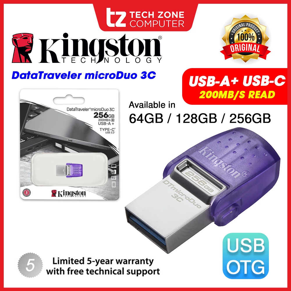 Kingston DataTraveler microDuo 3C USB Flash Drive (32GB / 64GB / 128GB) USB Type-A and USB -C DT ...