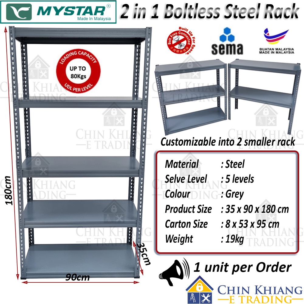 Mystar BS5000E 2 in 1 Boltless Racking Steel Rack Shelves 5 Level ...