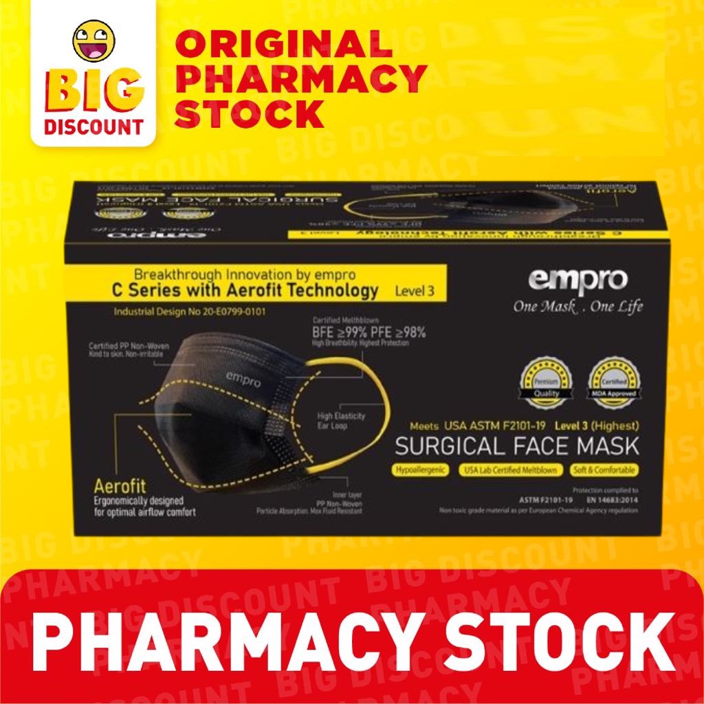 EMPRO Aerofit Surgical Face Mask Black Color 3PLY 50's | Shopee Malaysia