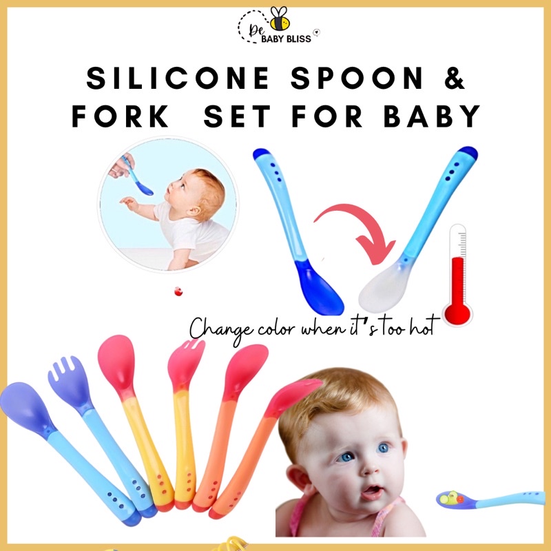 Silicone Spoon Fork Temperature Sensing for Baby Utensils Food Eating ...