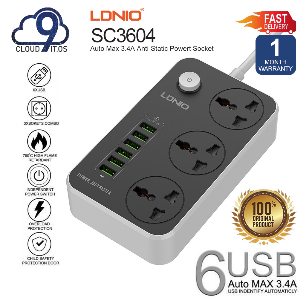 LDNIO SC3604 Power Strip 3 Universal Socket with 6 USB Output 3.4A & 2m ...