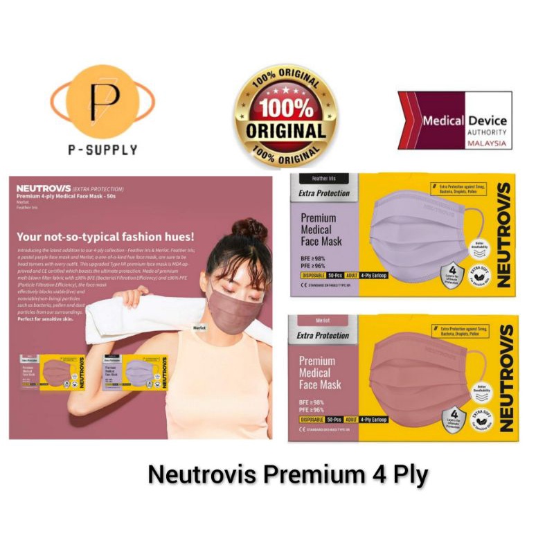 NEUTROVIS 4 PLY PREMIUM MEDICAL FACE MASK 50's ( Merlot / Feather Iris ...