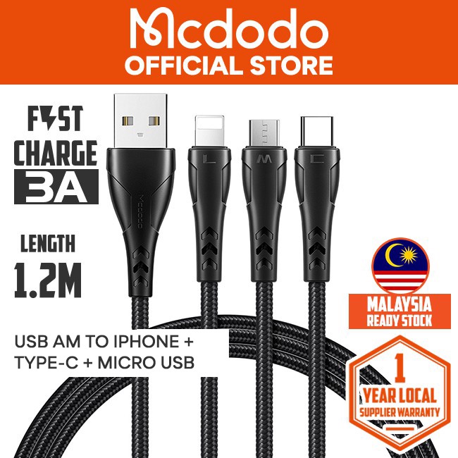 Mcdodo Mamba Series 3A Compatible For iPhone + Type-C + Micro USB 3 in ...